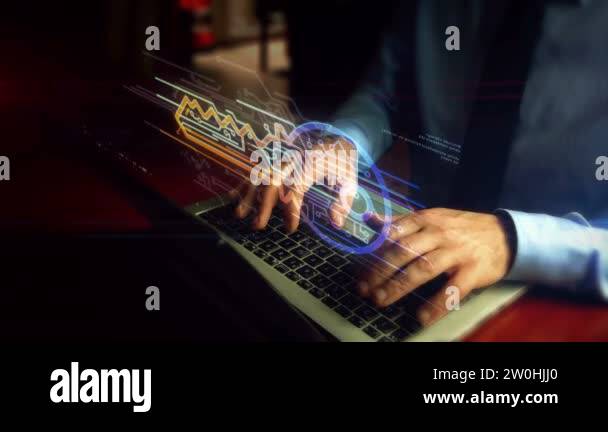 Man Typing On Laptop With Cyber Safety With Key Symbol Hologram Screen Over Keyboard Concept Of
