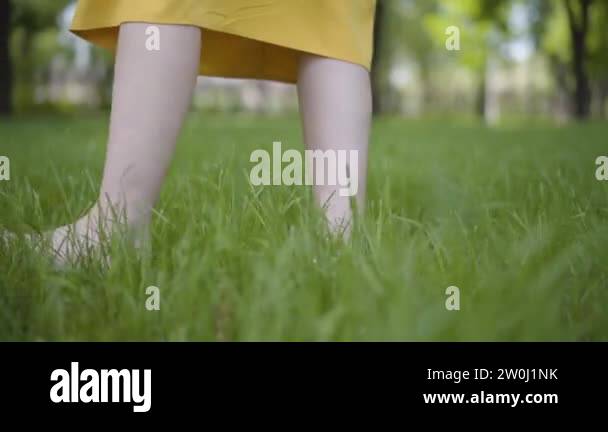 Female legs in yellow dress walking barefoot throw the green grass in ...
