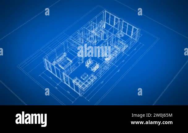 3d Blueprint of Abstract Apartments with Furniture Turning on Blue and ...