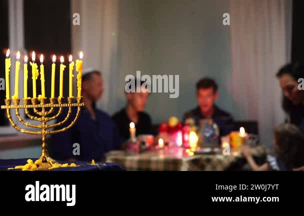 Happy Jewish Family Celebrates Hanukkah. Festival of Lights. Israel ...
