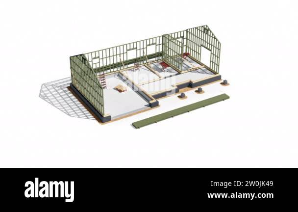 Different stages of building process of frame construction house ...