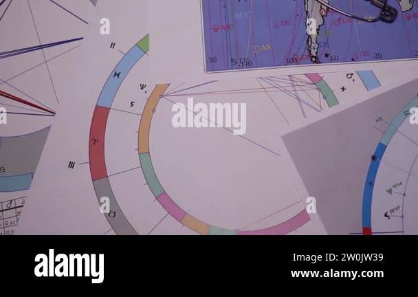 Workplace of a modern astrologer. Astrological charts, tables, diagrams ...
