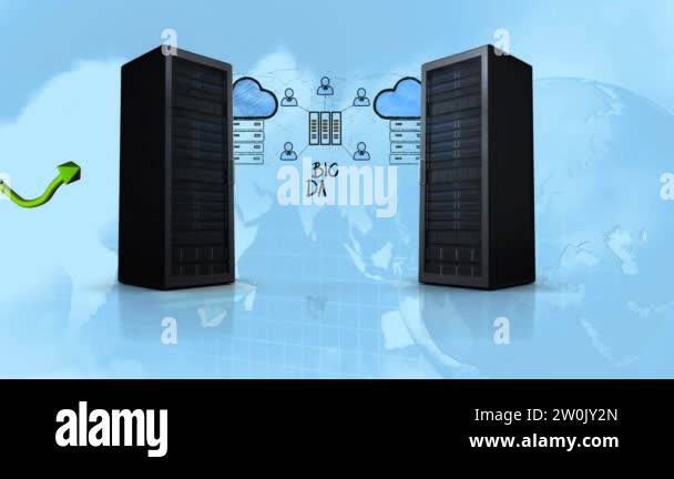 Animation of a green arrow pointing upward with two computer servers ...