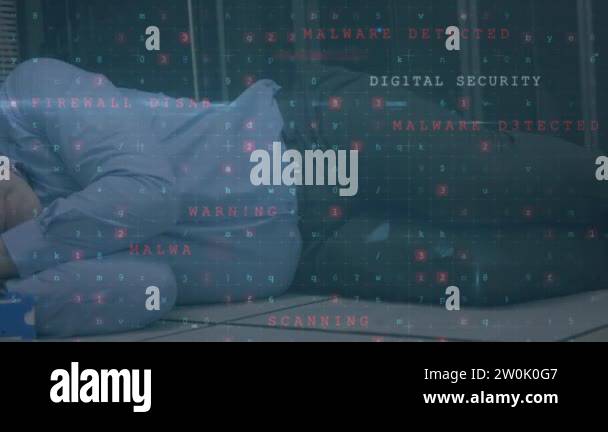 Animation of a panning shot of a Caucasian man sleeping on the floor of a computer server room ...