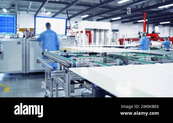 Solar panels production plant, green energy concept. Industrial space ...