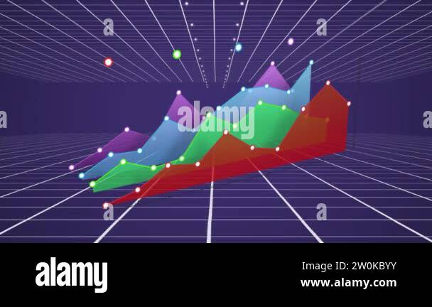 Animation of colorful 3d graph in red, green, blue and purple building ...