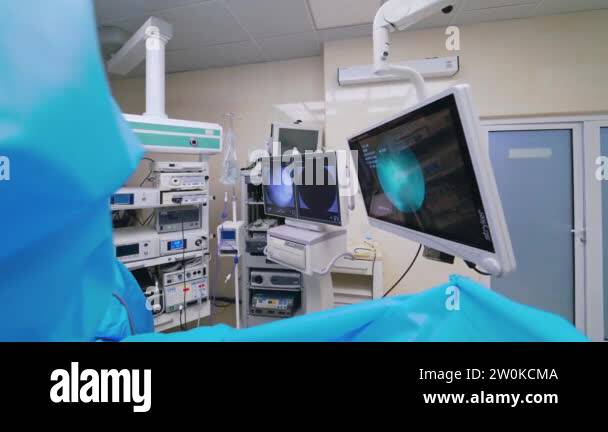 Contemporary equipment inside the operating room. Endoscopy surgery on ...