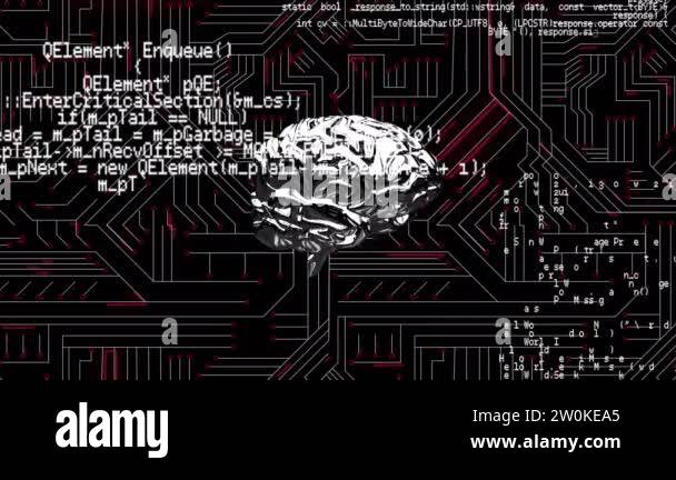 Digital animation of a silver brain rotating in the middle of the screen while background shows ...