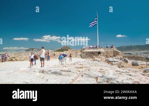 Tourist Overlook from the Acropolis in Athens Greece with a Greek Flag ...