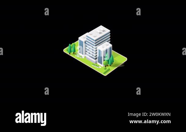 Isometric modern building with garden animation pop up with alpha ...