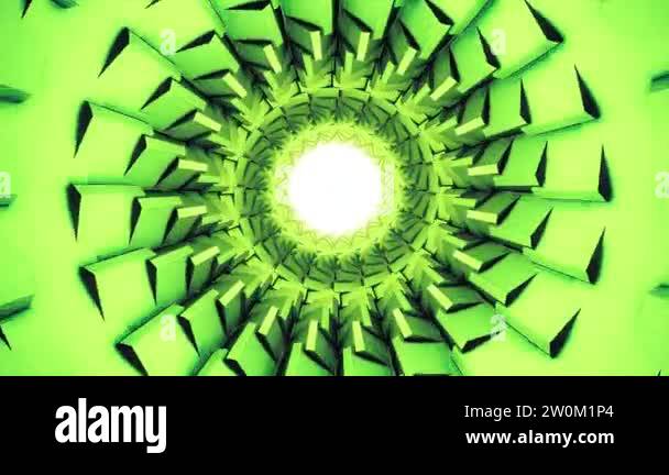 Surreal futuristic background with a tunnel with many rows of rotating geometric forms, seamless ...