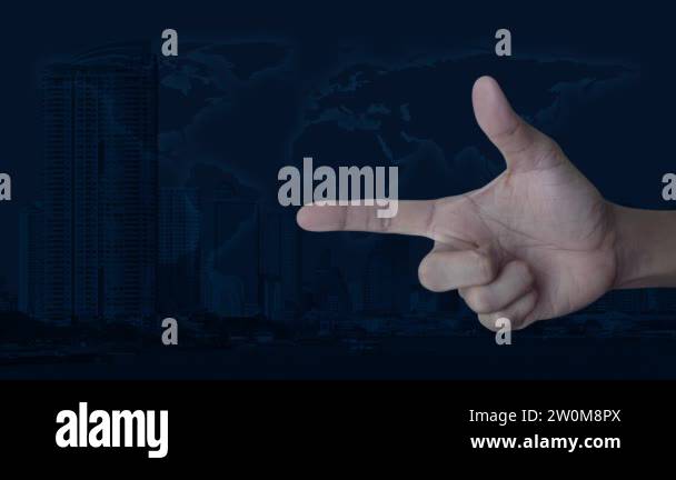 Question mark sign icon on finger over modern office city tower and ...