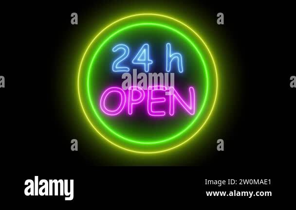 Neon open 24h sign animation on black background. Open sign seamless ...
