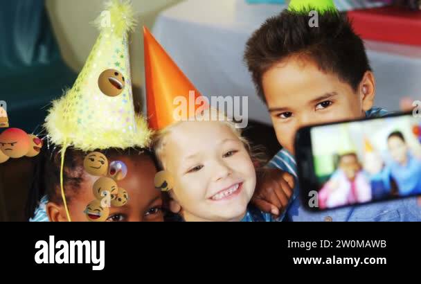 Animation of emoji icons flying from left to right with a group of ...