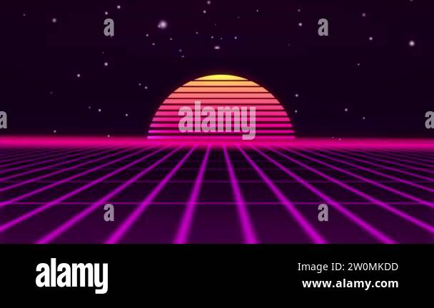 Retro futuristic 80s VHS tape video game intro landscape. Flight over ...