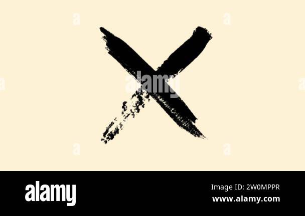 Abstract black cross painted by wide brush strokes on beige background ...