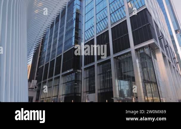 NY January 2020 - Low perspective of the blue glass facade of ...