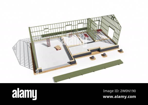 Different stages of building process of frame construction house with ...