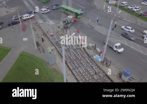 Road reconstruction with tram rails intersection, construction site ...