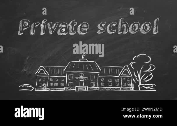 School building and lettering Private school on blackboard. Hand drawn ...