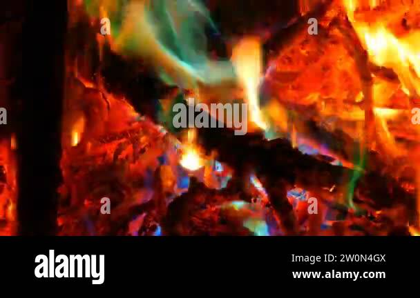 Mystical magic rainbow fire changes color to multicolor flames. Bonfire ...