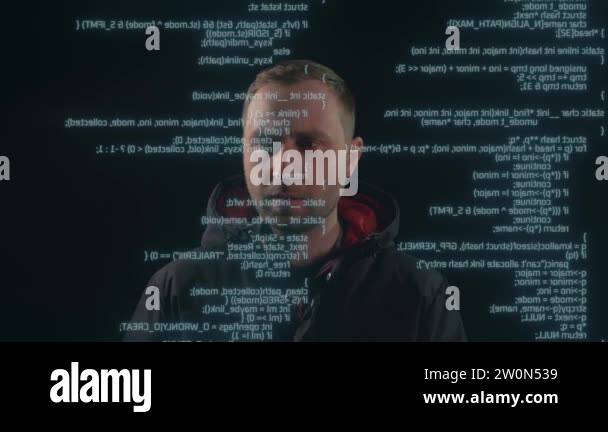 White man is looking on the code, script, text on the screen in front ...