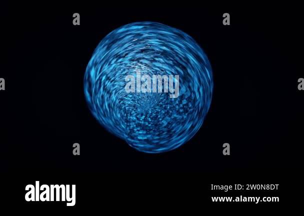 Amazing blue sphere of liquid substance rotating on black background ...