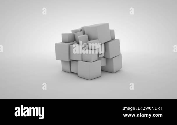 3D animation of many white cubes that break up into fragments and come ...