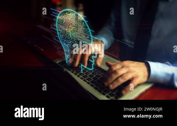 Man Typing On Laptop With Artificial Intelligence Hologram Screen Over Keyboard Cybernetic