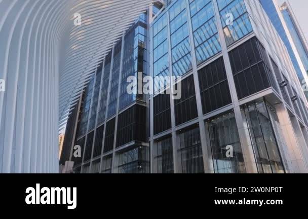 NY January 2020 - Low perspective of the blue glass facade of ...