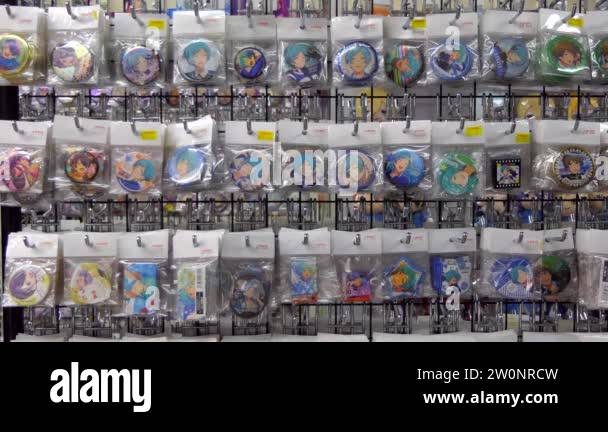 TOKYO / JAPAN - JULY 2019: Japanese shop with anime pins, store selling ...
