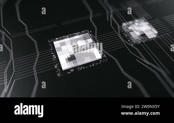 Monochrome animation of processors CPU. Animation. Motherboard digital ...