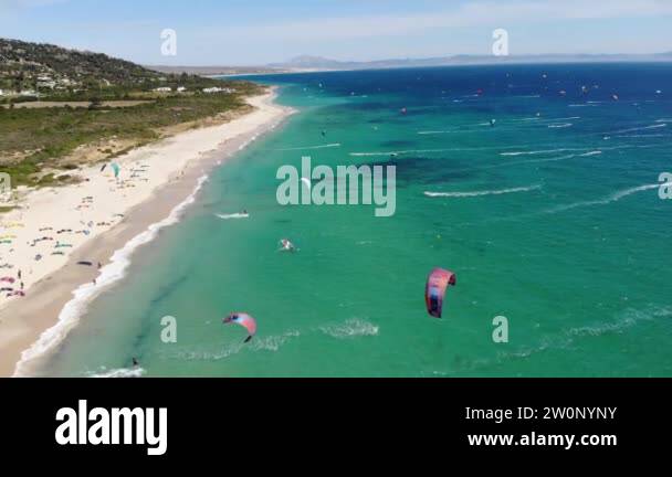 Huge sandy beach, beautiful Atlantic Ocean Coast with light sea waves ...