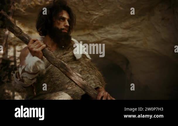 Primeval Caveman Wearing Animal Skin Holds Stone Hammer Looks Around ...