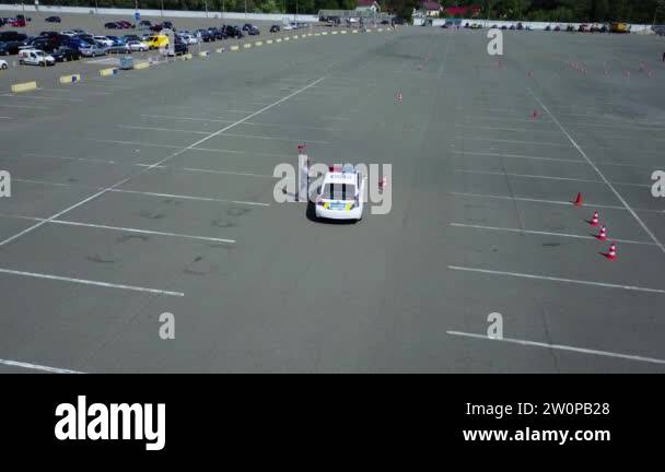 aerial view of police cars at the autodrome, asphalt autodrome with ...