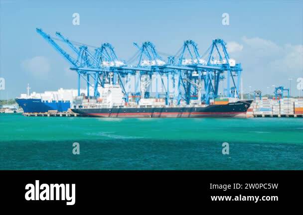 Container Cargo Freighter Ship Wide Shot Loaded and Unloaded in the ...