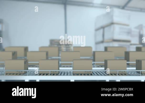 Animation of rows of cardboard boxes moving on conveyor belts with ...