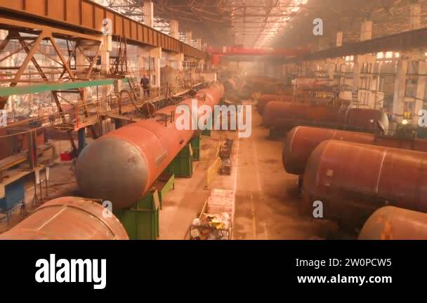 Flight inside of the factory for manufacturing railway trains with ...