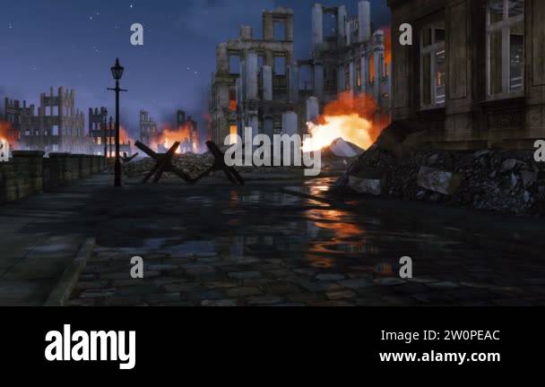 Empty street of destroyed european city with flashes of fire on ...