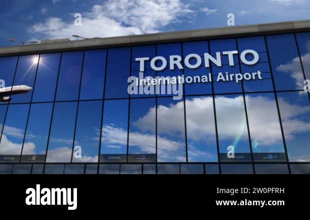 Jet aircraft landing at Toronto, Canada 3D rendering animation. Arrival ...