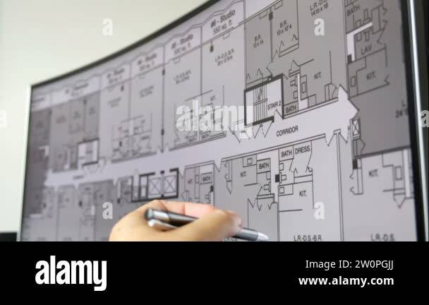 blueprint monitor hand pen explain plan of residential home apartment ...