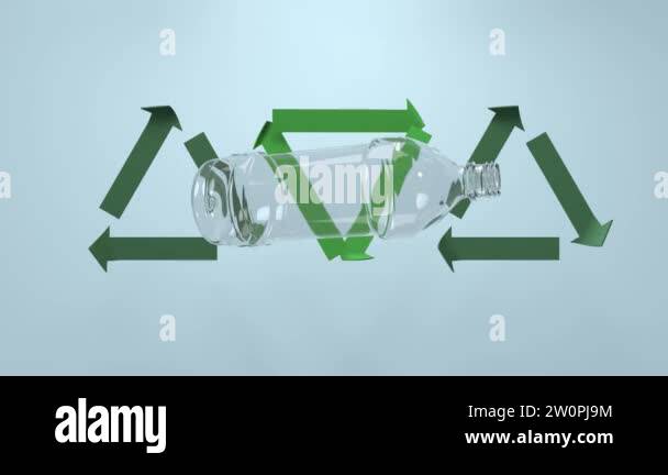 Rotating plastic bottle in front of moving recycling signs. 3d CGI ...