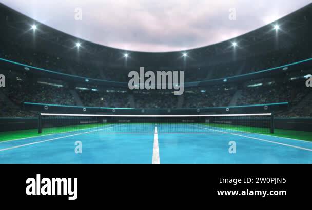 Blue and green tennis court stadium with fans at daytime, players front ...