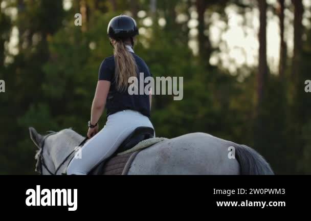 Back view of rider on a horse. Back view of a rider with a horse slow ...