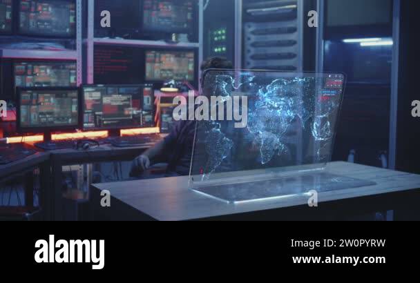 Hacker working with futuristic display screen Stock Video Footage - Alamy