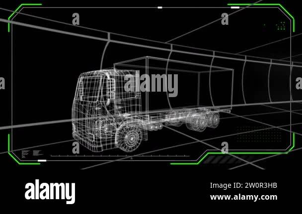 Animation of 3d technical drawing of a truck in white with moving grid ...