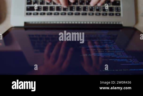 Anonymous man hands coding programming on screen laptop, development ...