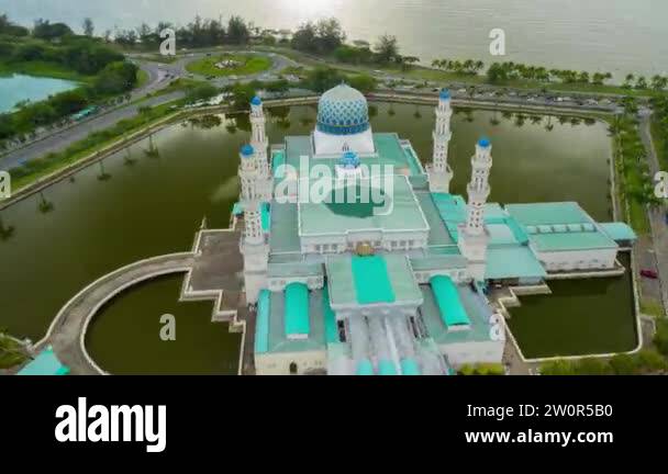 aerial footage of beautiful floating mosque Likas Mosque (Masjid ...