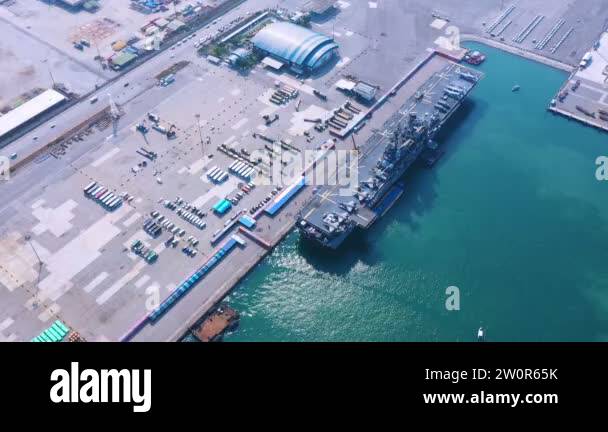 USS America. Navy aircraft carrier Aerial top view of battleship ...