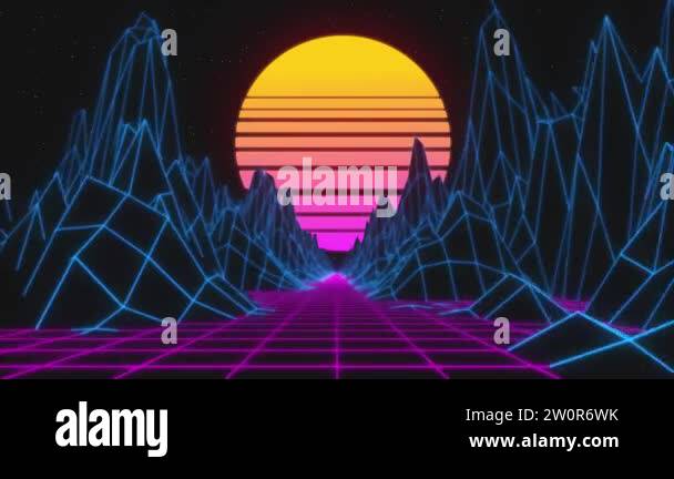Retro wave animation with sun, space, mountains and laser grid on ...